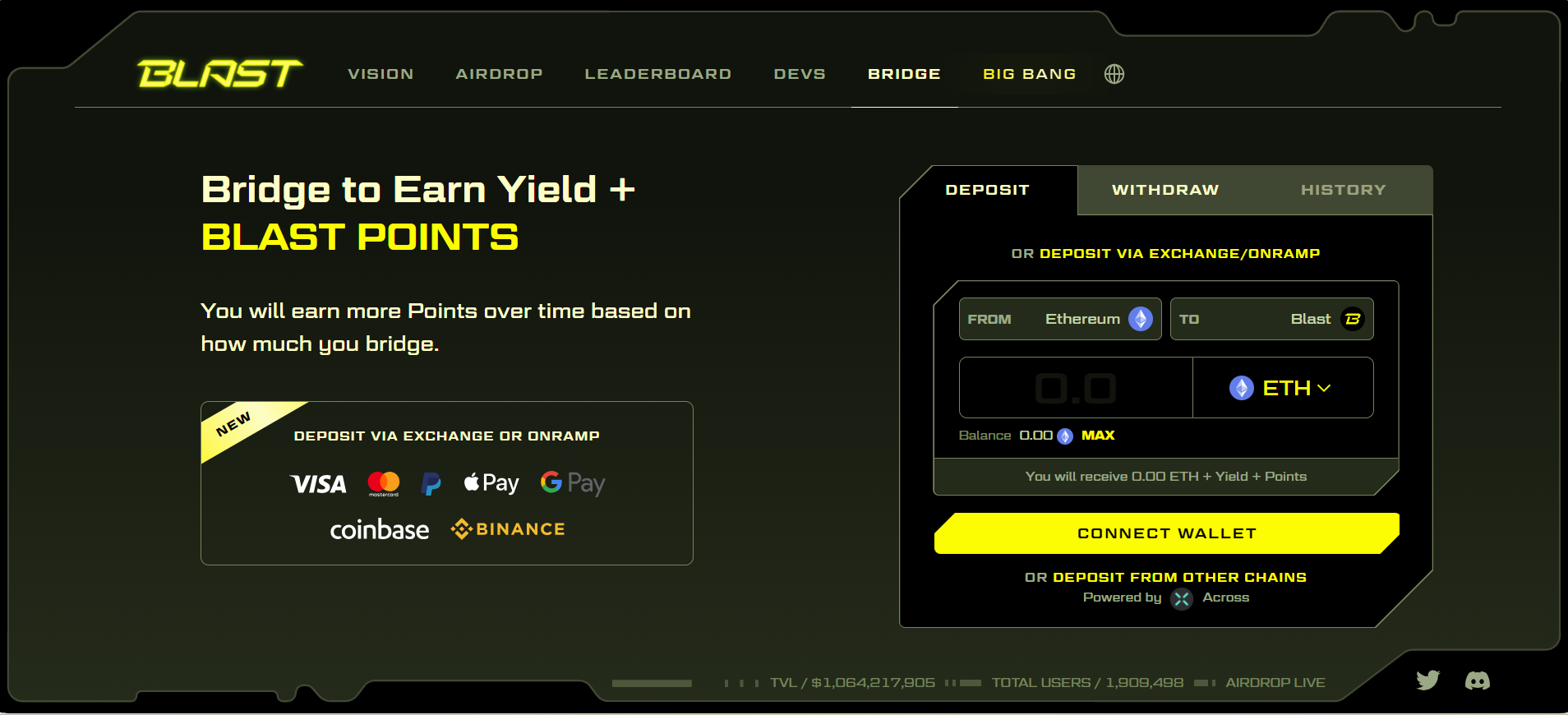 Bridge for yield + BLAST POINTS rewards