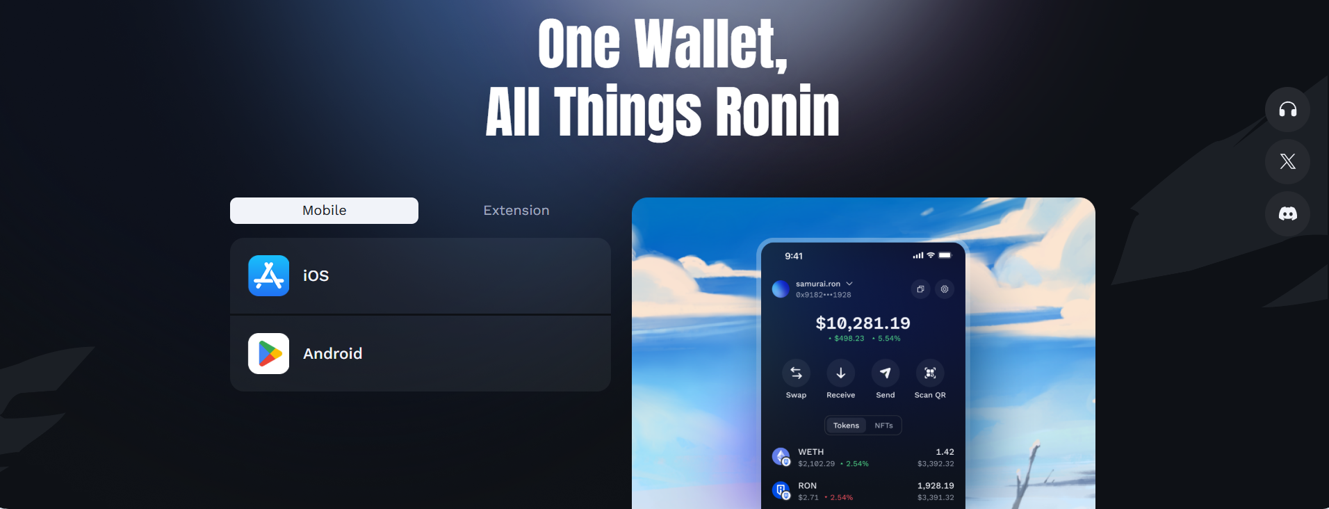 Non-custodial gaming & NFT wallet for Ronin Network